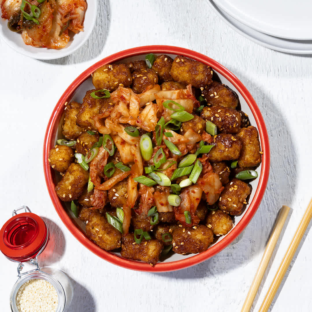 Honey-Gochujang Glazed Tots with Kimchi | ORE-IDA | United States ...