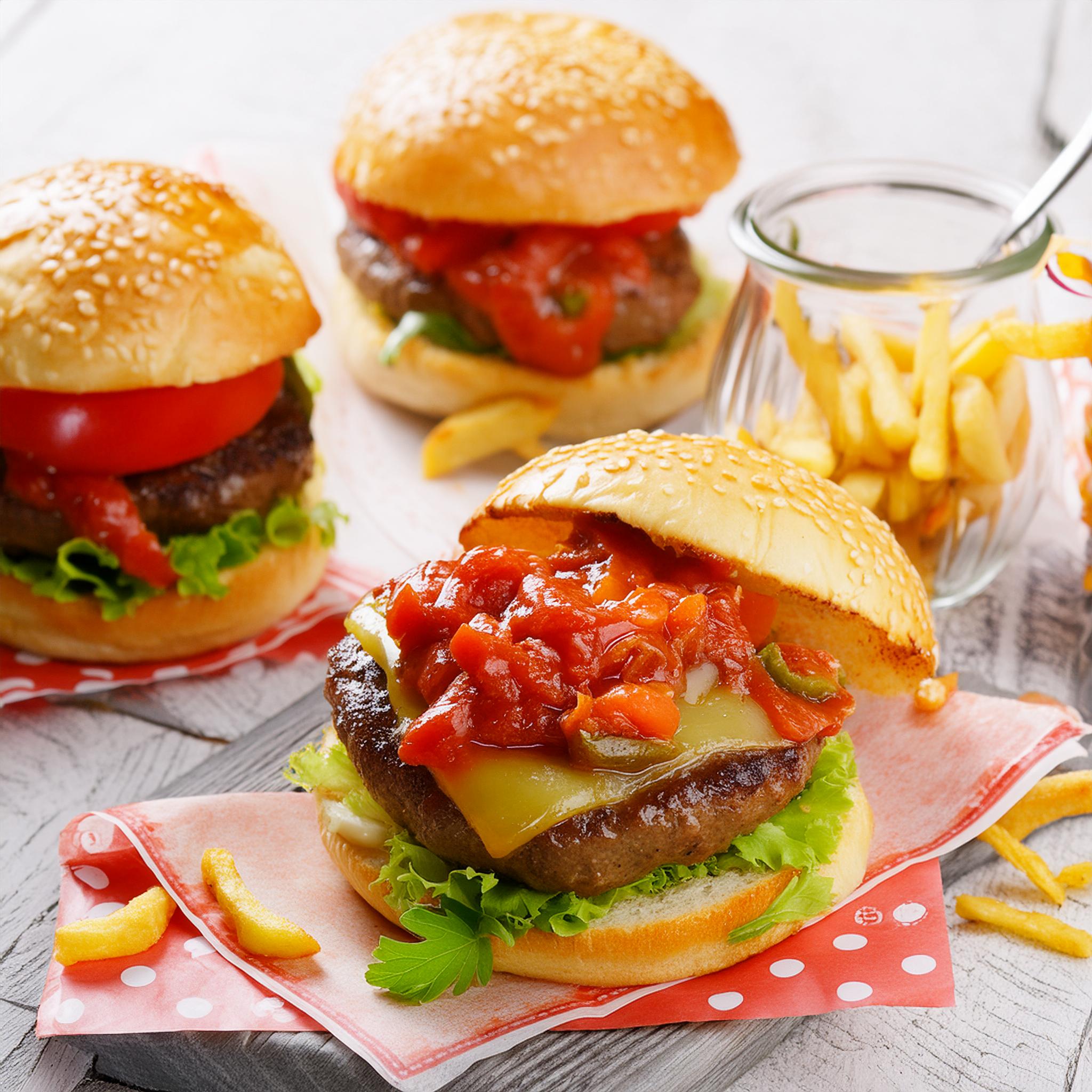 Beef burger with capsicum relish and shoestring fries | Fountain ...